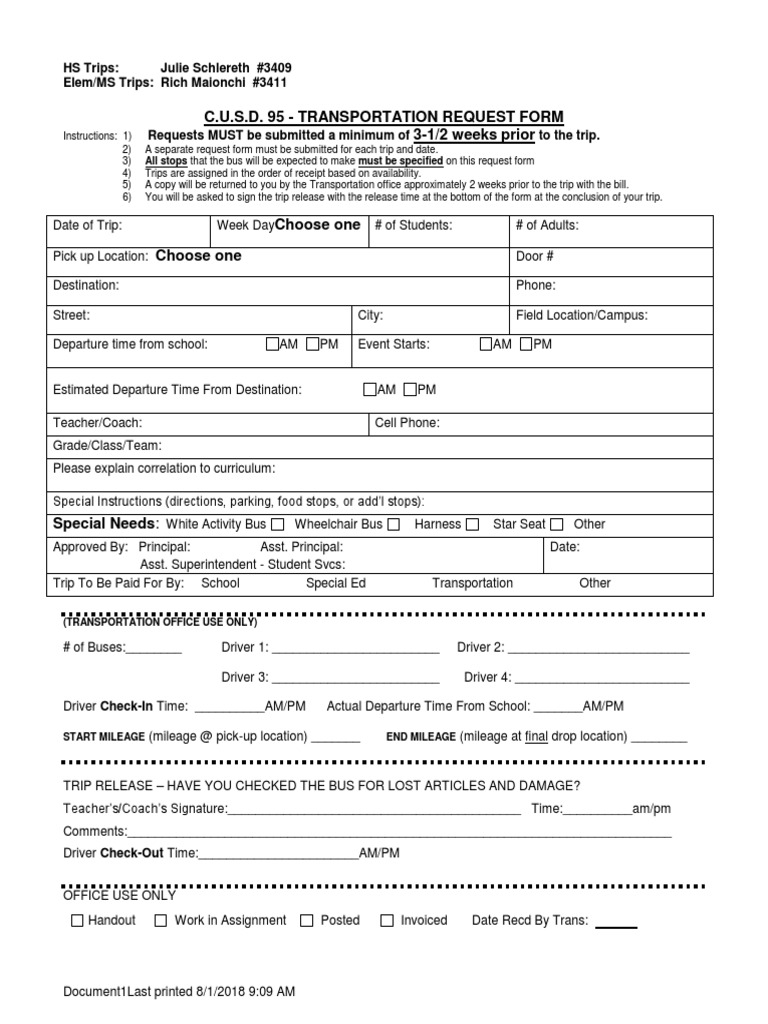 C.U.S.D. 95 - Transportation Request Form 3-1/2 Weeks Prior | PDF | Bus ...