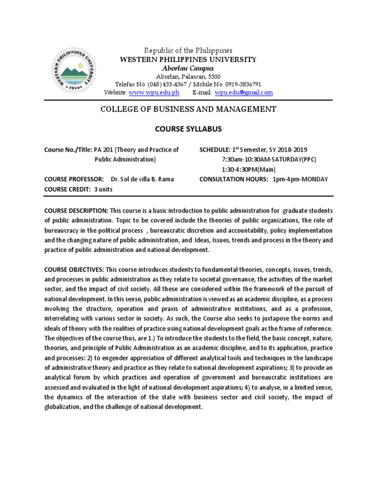 Course Syllabus-PA 201 | PDF | Public Administration | Governance