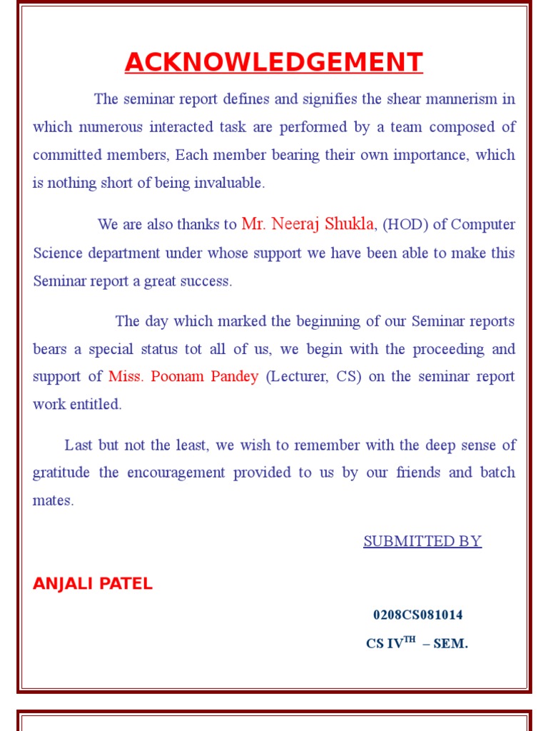 Seminar Report Acknowledgement Template | PDF | Career & Growth | Art