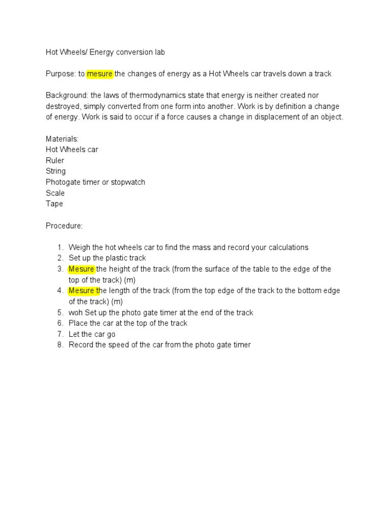 Hot Wheels Energy Conversion Lab | Download Free PDF | Kinetic Energy ...