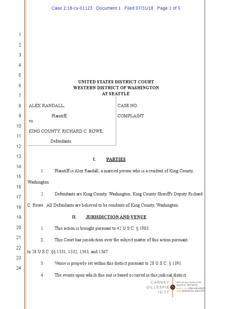 Alex Randall King County Lawsuit | PDF | Plaintiff | Lawsuit