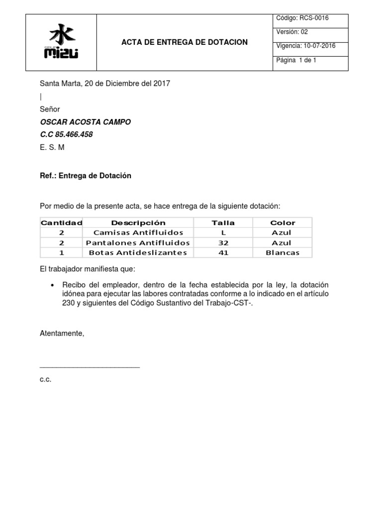 Acta Entrega de Dotacion | PDF