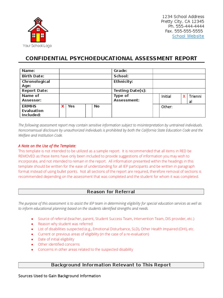 Psychoed Assessment Template - Selpa | PDF | Individualized Education ...