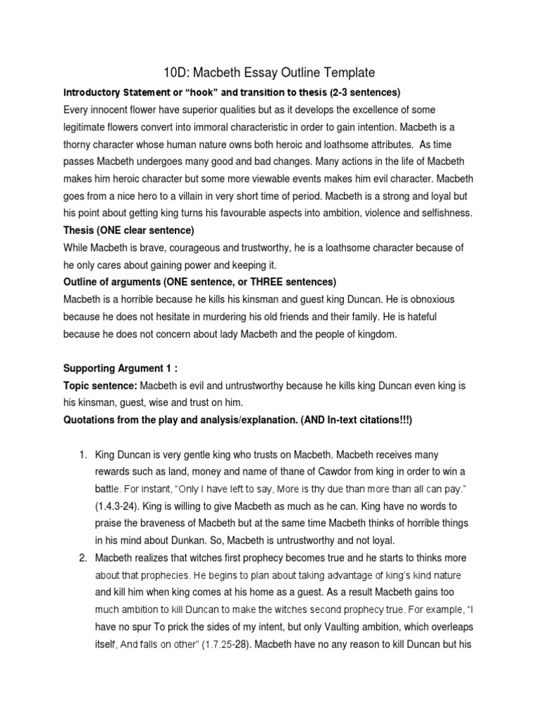 Macbeth Essay Outline | PDF | Macbeth | Shakespearean Tragedies