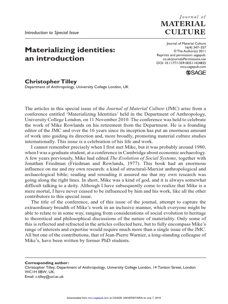 TILLEY, Christopher. Materializing Identities | PDF | Material Culture ...