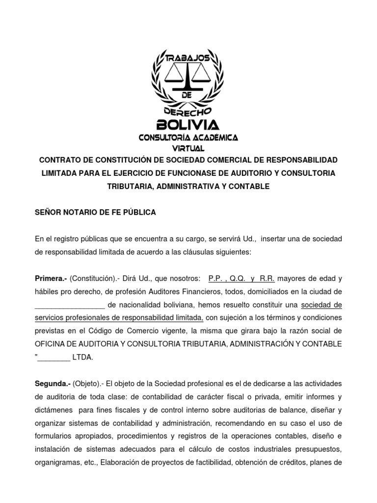 MODELO DE Contrato de Constitución de Sociedad Comercial de Responsabilidad Limitada Para El ...