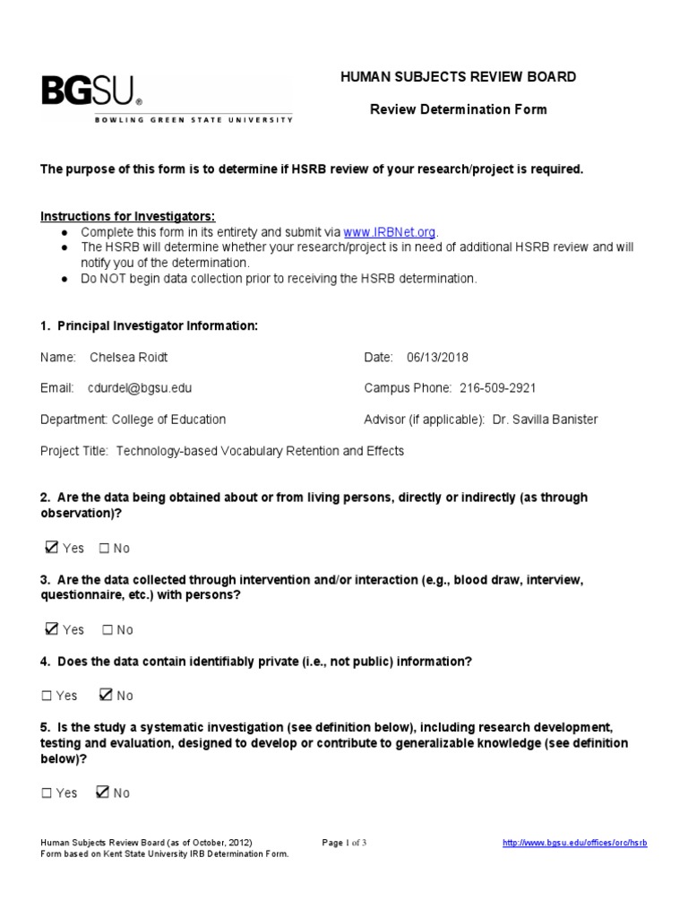 Human Subjects Review Board Review Determination Form | PDF | Teachers ...