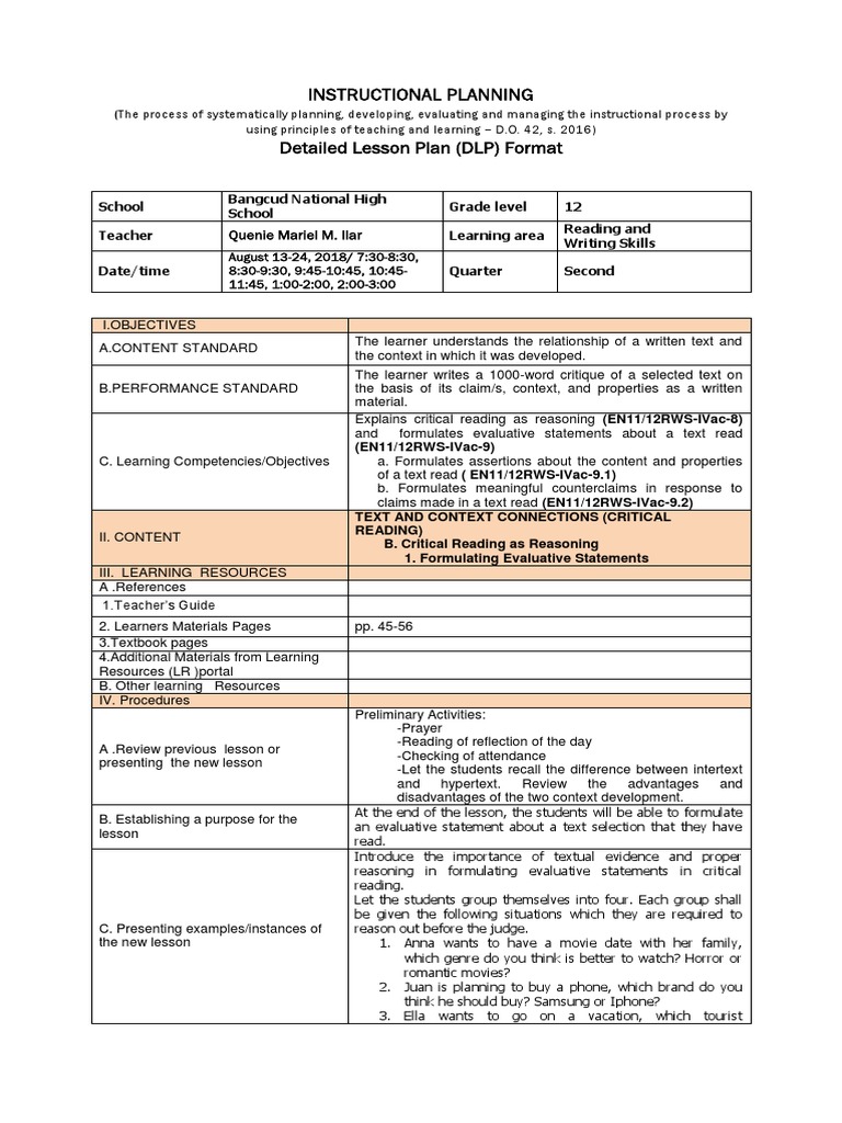 Detailed Lesson Plan for Critical Reading | PDF | Lesson Plan | Learning