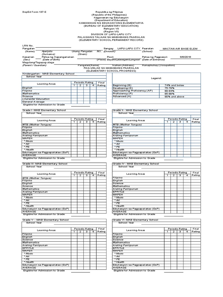 DepEd-Form-137-E-1-K12 2015 | PDF | Primary Education | Psychological Concepts