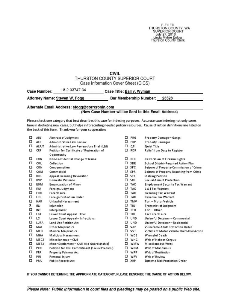 Case Information Cover Sheet | PDF | Restraining Order | Ownership