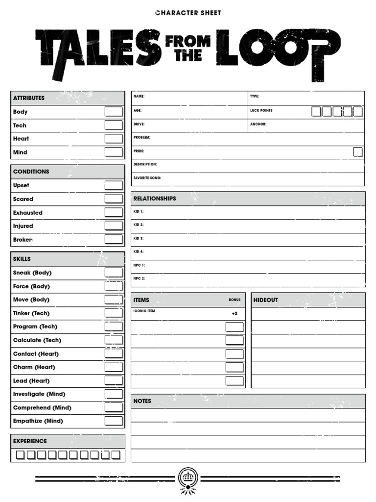 Tales From The Loop - Character Sheet - Printer Friendly - ENG | PDF