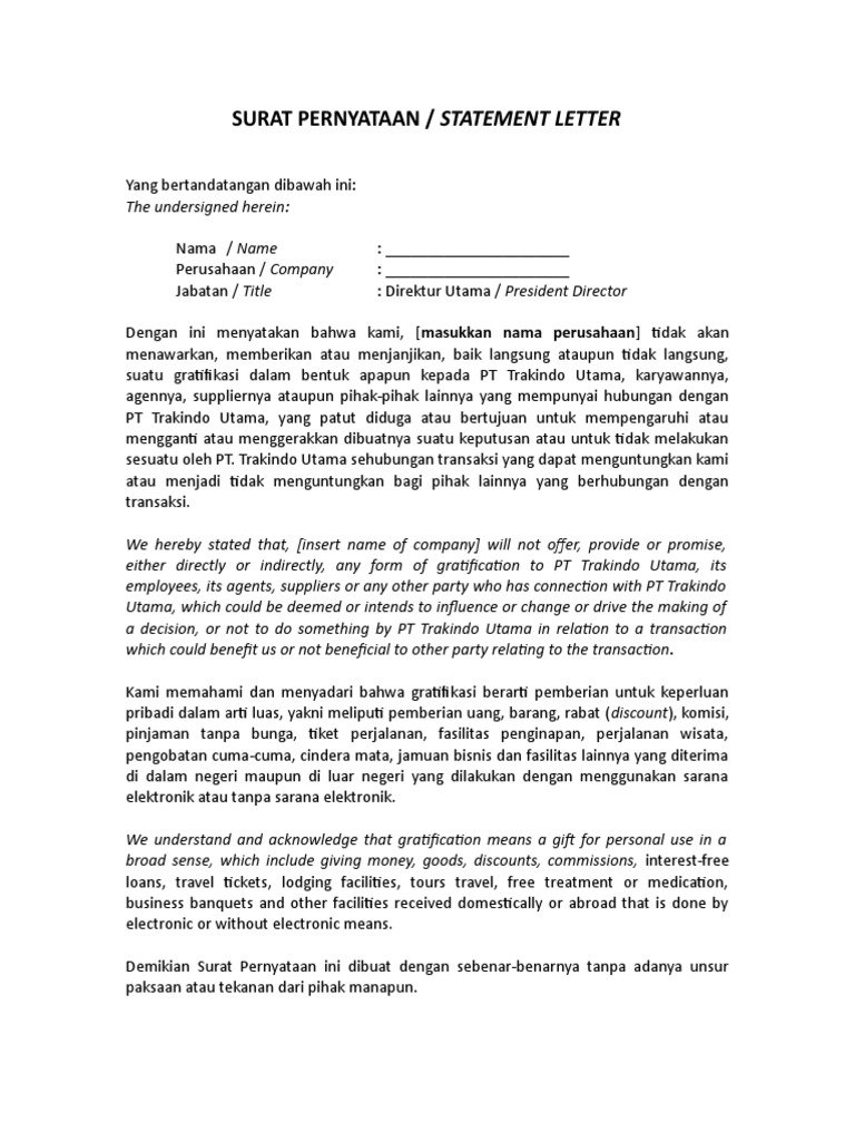 Surat Pernyataan Vendor - Non Gratifikasi - Bilingual (New) | PDF