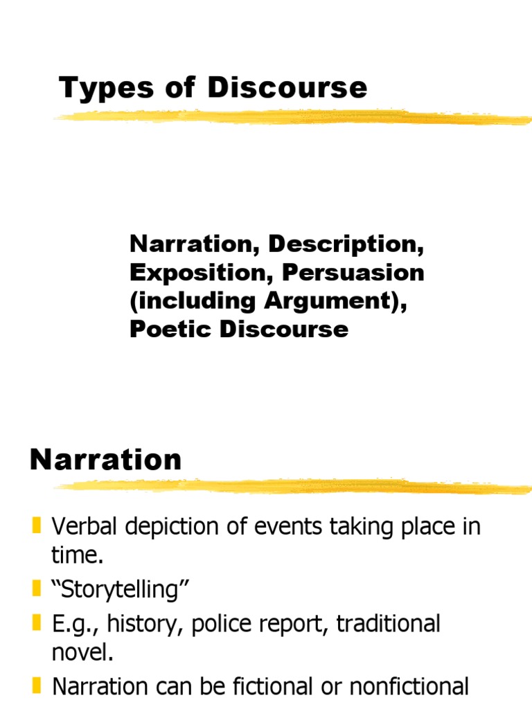 Types of Discourse: Narration, Description, Exposition, Persuasion (Including Argument), Poetic ...
