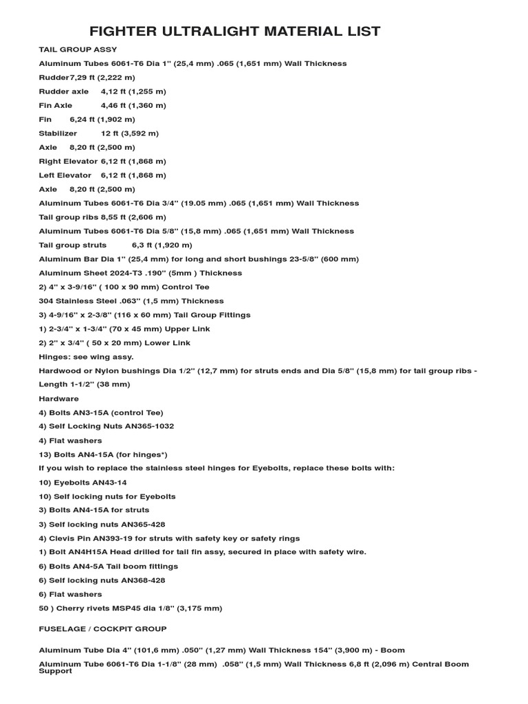 Fighter Ultralight Material List | PDF | Nut (Hardware) | Washer (Hardware)