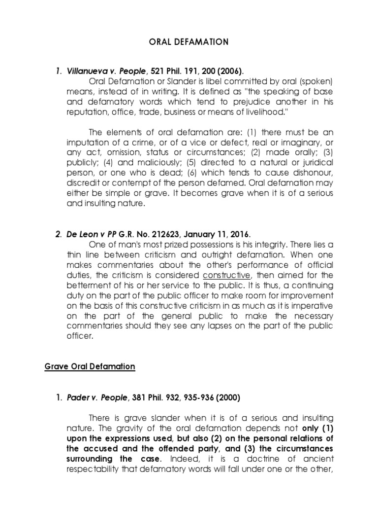 ORAL DEFAMATION JURISPRUDENCE | Defamation | Government Information