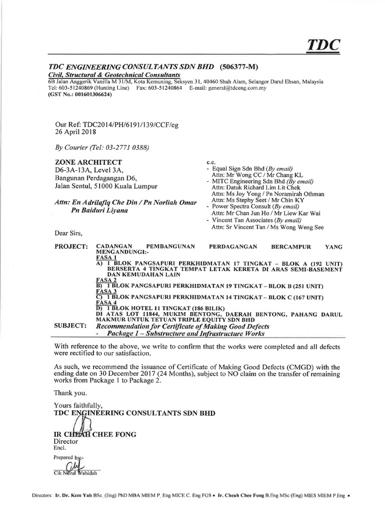 certificate of making good defects malaysia - Amy Reid