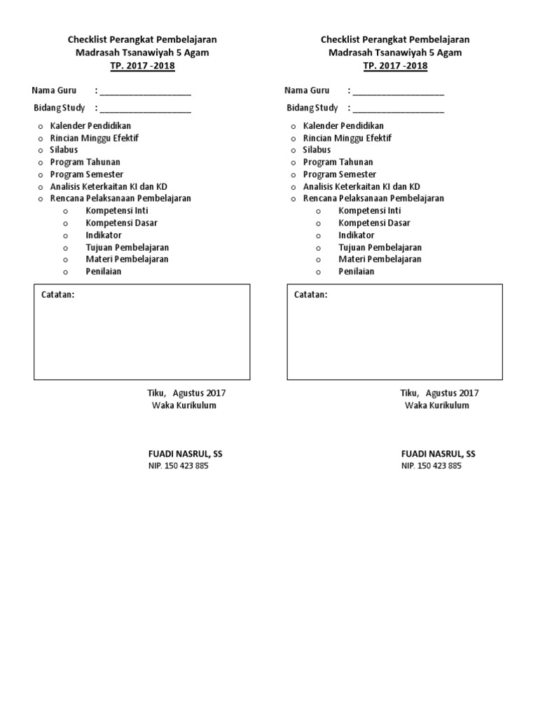 Checklist Perangkat Pembelajaran | PDF