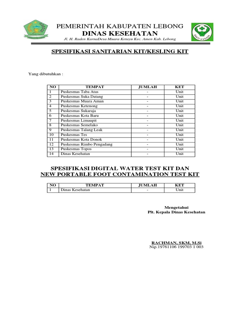 Spesifikasi Sanitarian Kit 2019 | PDF