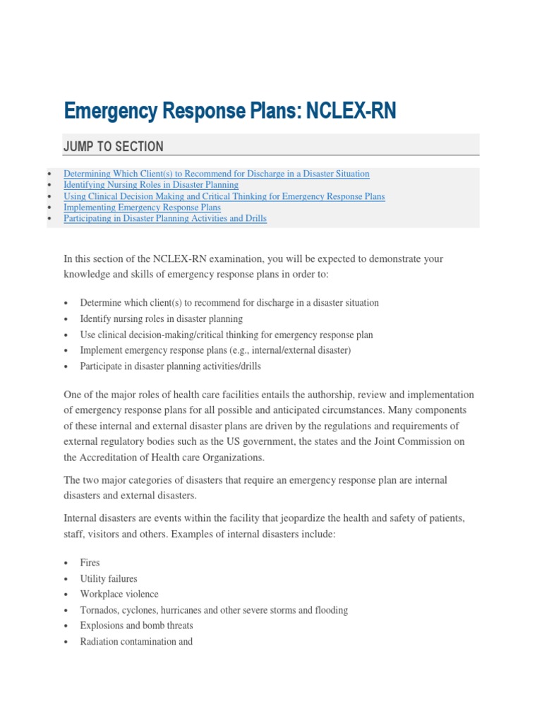 Emergency Response Plans: NCLEX-RN: Jump To Section | PDF | Emergency ...