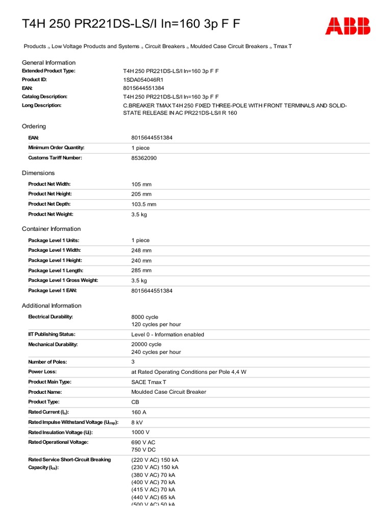 1SDA054046R1 t4h 250 pr221ds Ls I in 160 3p F F | PDF | Voltage ...