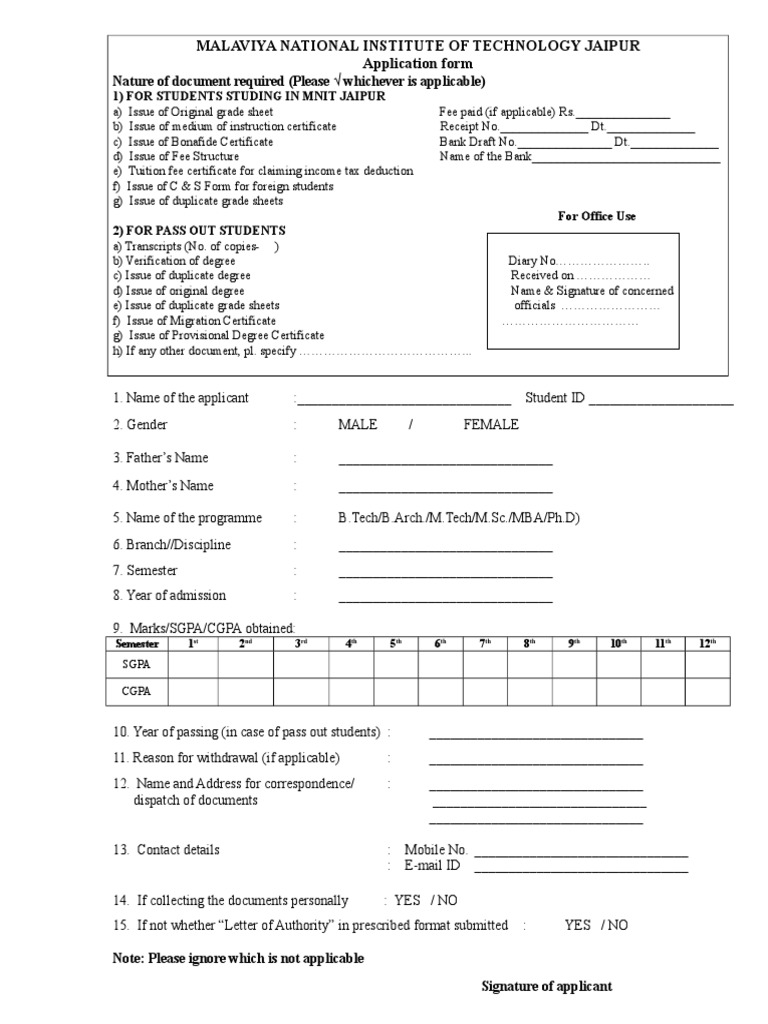 Malaviya National Institute of Technology Jaipur Application Form | PDF ...
