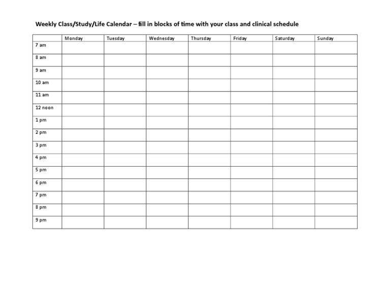 Weekly Class/Study/Life Calendar - Fill in Blocks of Time With Your ...