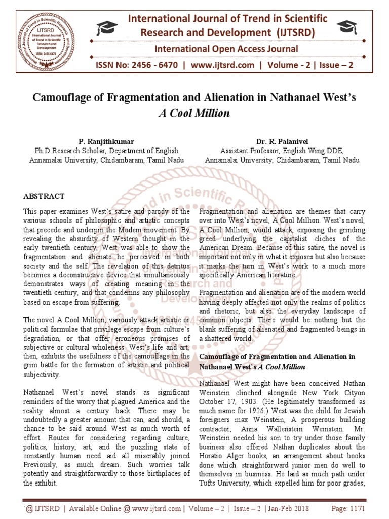 Camouflage of Fragmentation and Alienation in Nathanael West's A Cool ...