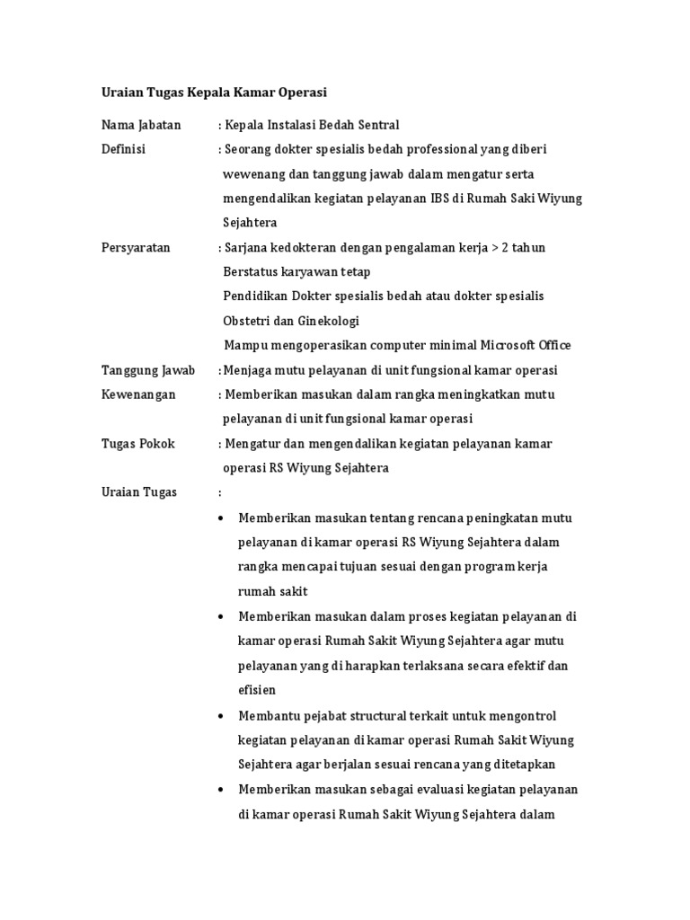 Uraian Tugas Kepala Kamar Operasi | PDF