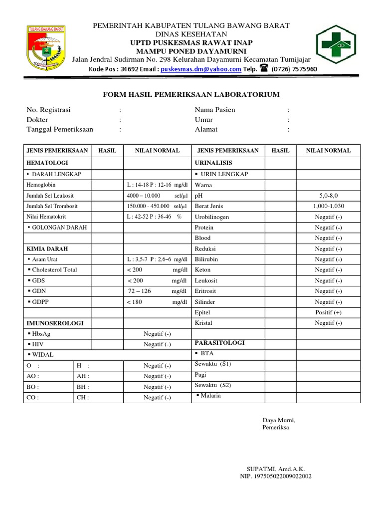 Form Hasil Pemeriksaan Laboratorium | PDF