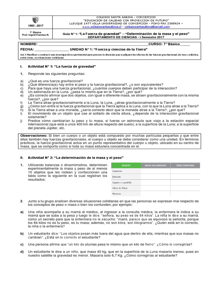 Guia #1 - La Fuerza de Gravedad | PDF | Peso | Masa