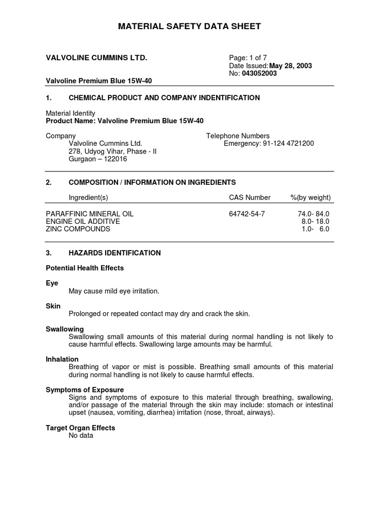 Premium Blue 15W 40 MSDS | PDF | Sulfur | Combustion