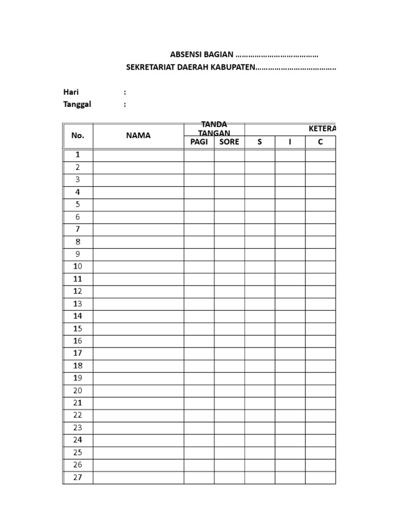 ABSENSI BAGIAN SEKRETARIAT DAERAH KABUPATEN .. Hari: Tanggal: No. Nama ...