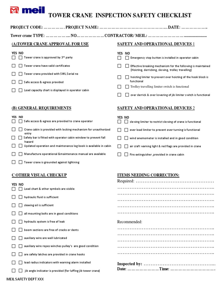 Tower Crane Inspection Safety Checklist | PDF | Crane (Machine) | Equipment