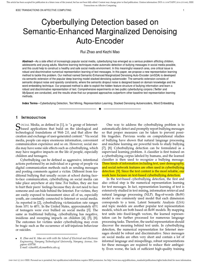 Cyberbullying Detection Based On Semantic-Enhanced Marginalized Denoising Auto-Encoder PDF | PDF ...