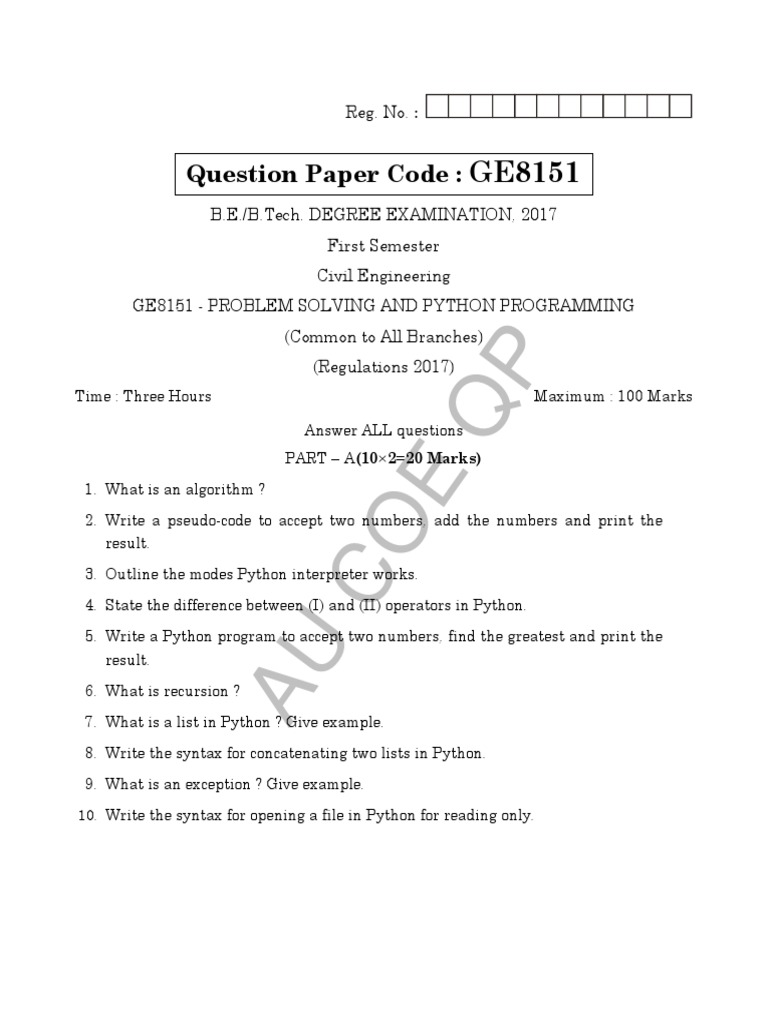 Ge8151 Au QP | PDF | Python (Programming Language) | Algorithms