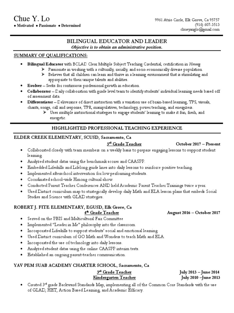 Chue Lo Resume v1 | PDF | Common Core State Standards Initiative | Teachers