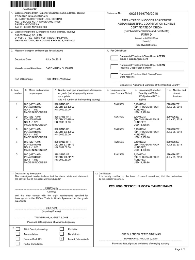 COO Form D | Association Of Southeast Asian Nations | Economies