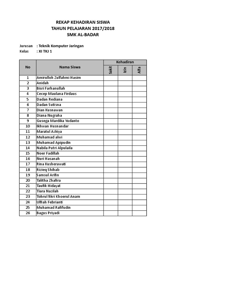 Rekap Kehadiran Siswa SMK Al-Badar | PDF