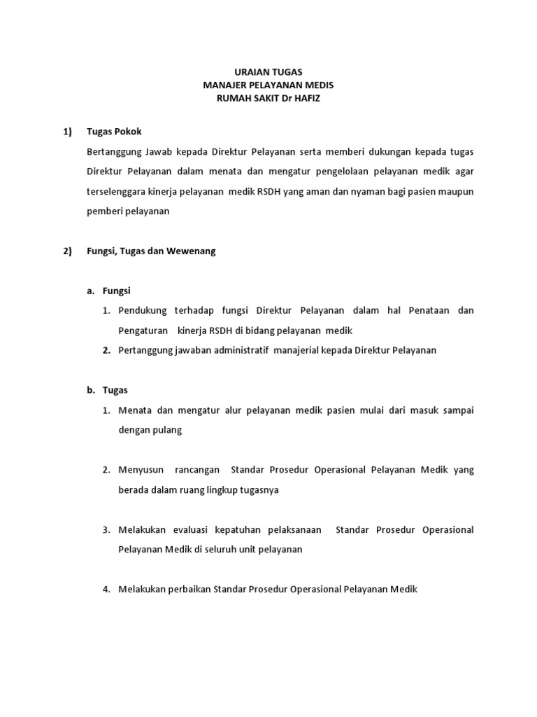 Uraian Tugas Manajer Pelayanan Medik | PDF