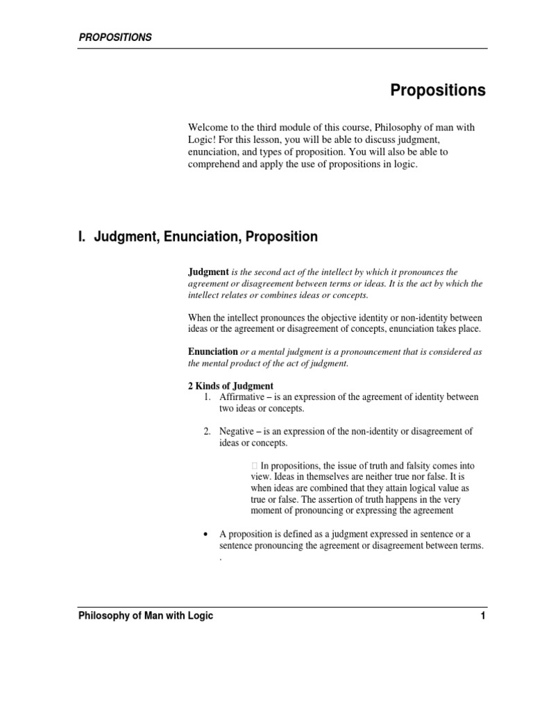 Propositions: I. Judgment, Enunciation, Proposition | PDF | Proposition | Logic