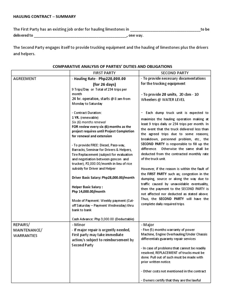Summary of Hauling Contract | PDF | Truck Driver | Truck