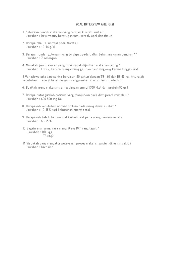 Soal Interview Ahli Gizi | PDF