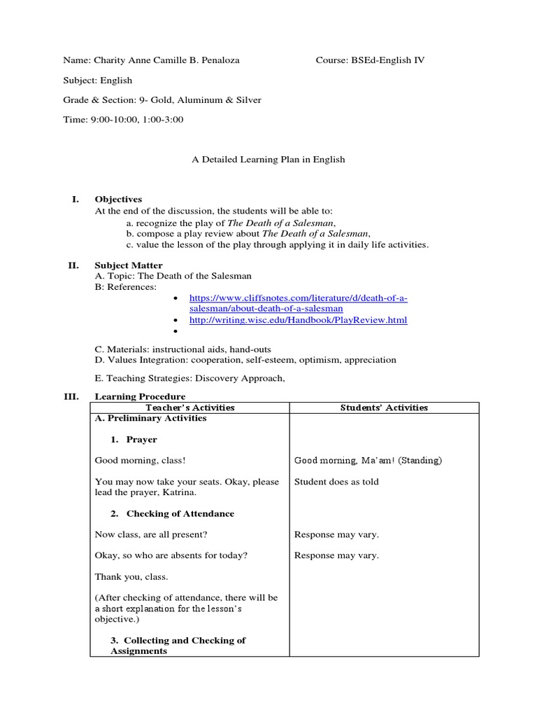 Grade 9 Lesson Plan: Death of a Salesman | PDF | Psychological Concepts ...