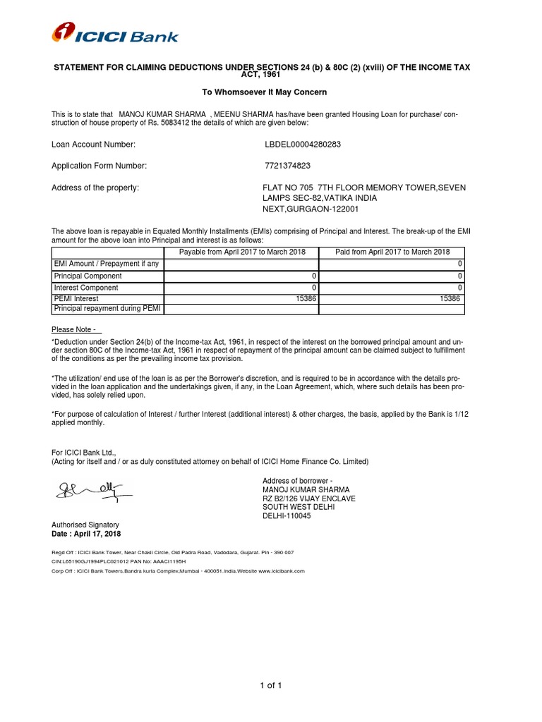 Statement For Claiming Deductions Under Sections 24 (B) & 80C (2 ...
