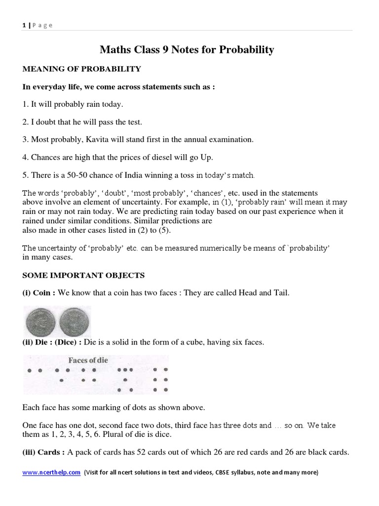 Maths Class 9 Notes For Probability PDF | PDF | Probability ...