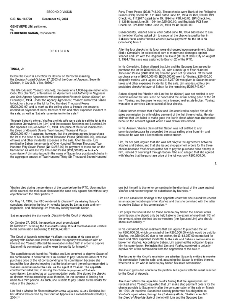 G.R. No. 163720 December 16, 2004 GENEVIEVE LIM, Petitioner, FLORENCIO ...