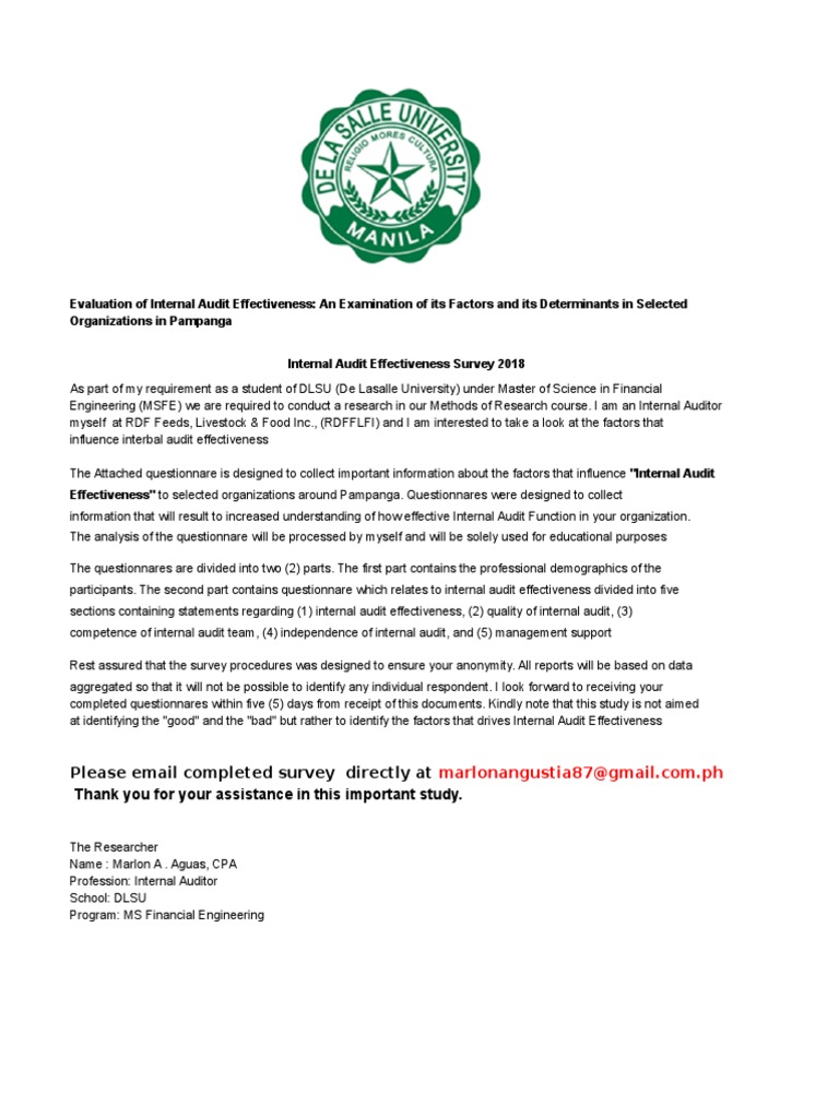 Internal Audit Effectiveness Survey 1 | PDF | Internal Audit | Auditor ...