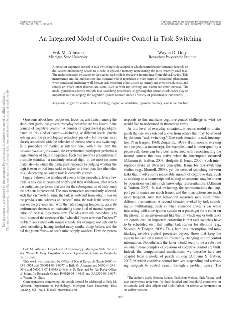An Integrated Model of Cognitive Control in Task Switching PDF | PDF | Executive Functions | Memory