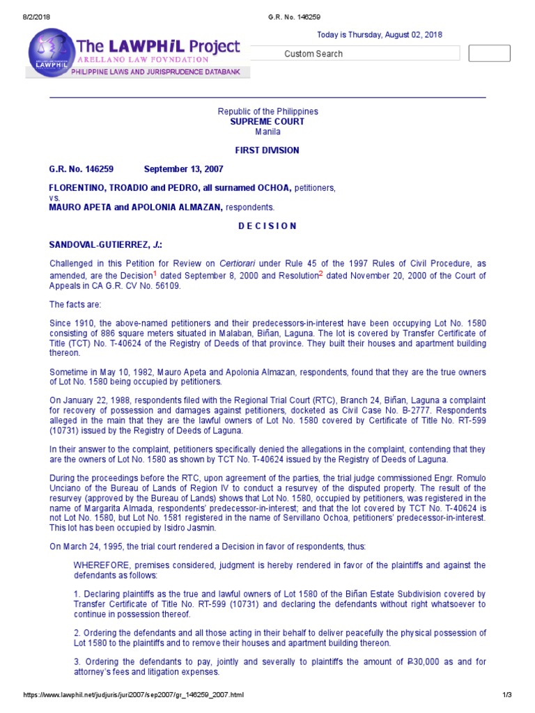 Ochoa vs. Apeta G.R. No. 146259 | PDF | Complaint | Question Of Law