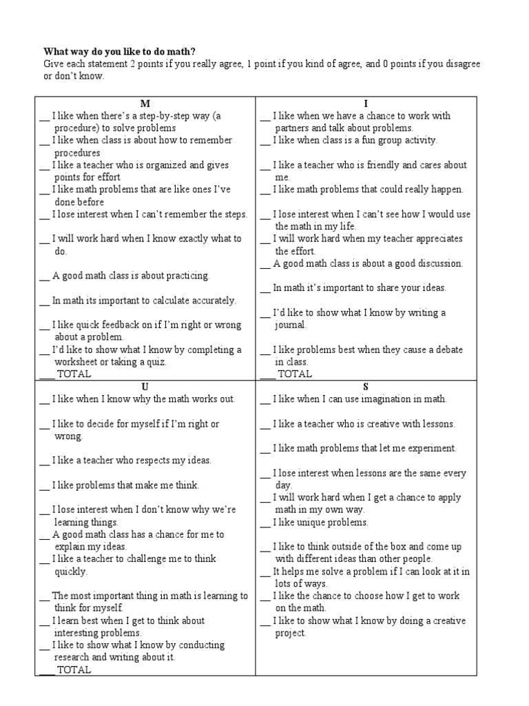 Math Learning Inventory (Adapted) | PDF | Mathematics | Learning